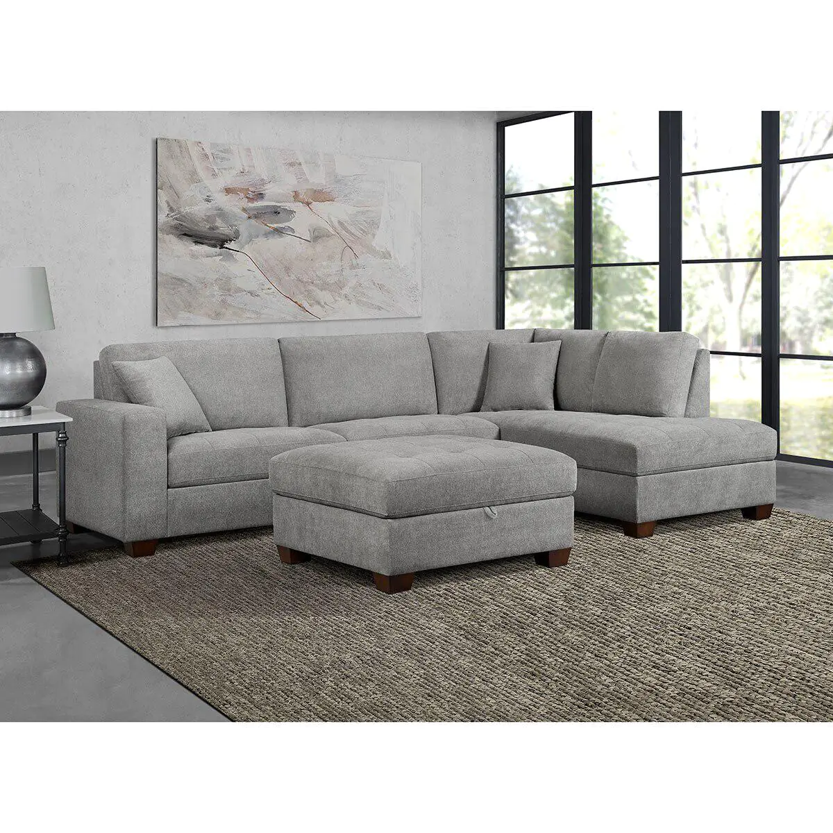 Thomasville Miles Grey Fabric Corner Sofa With Storage Ottoman Think Assemble